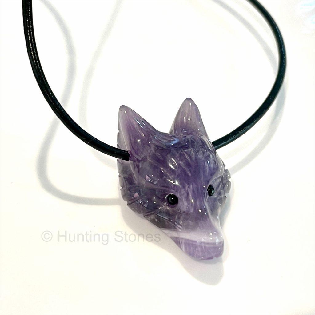 Amethyst Fox Wolf natural gemstone crystal leather necklace 35 x 21mm ...